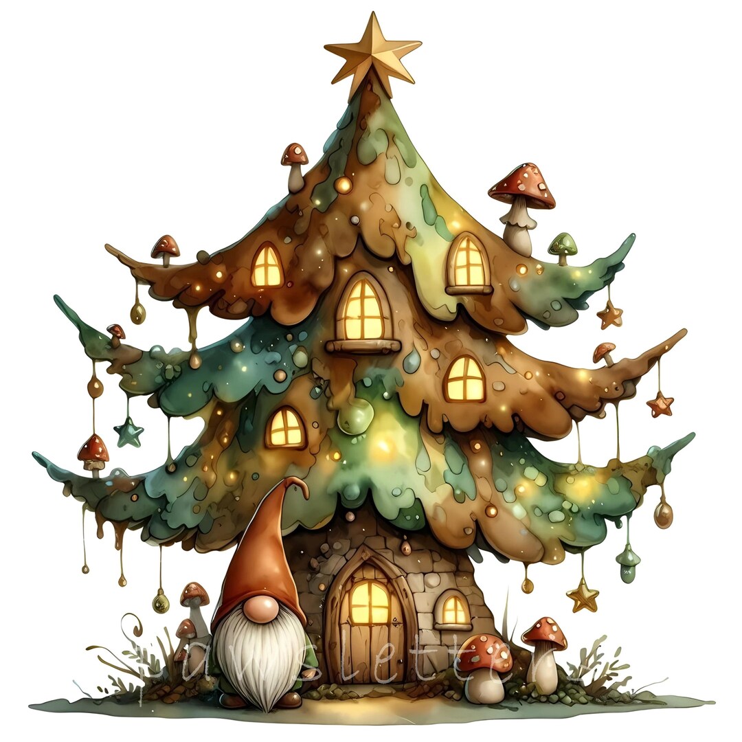 Whimsical Gnome Christmas Tree Clipart, 10 High Res Watercolor Jpgs for ...