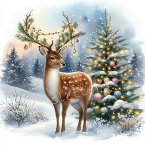 Woodland Christmas Deer Clipart 10 High Res Watercolor Jpgs Winter ...