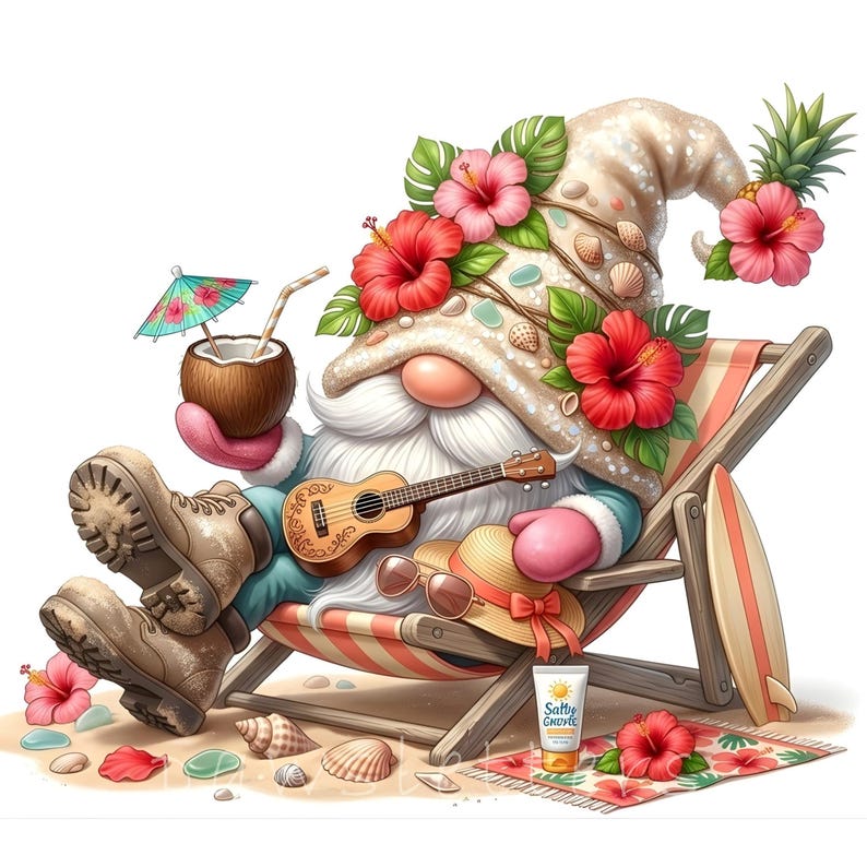 Watercolor Tropical Beach Gnome Clipart - 17 JPG Summer Vacation Gnome ...