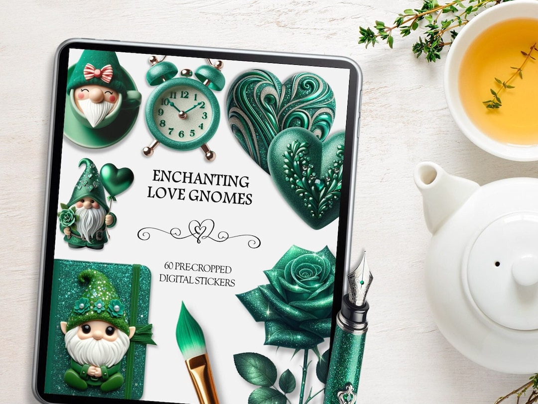 Love Gnome Valentine PNG Digital Planner Stickers, Romantic Emerald ...