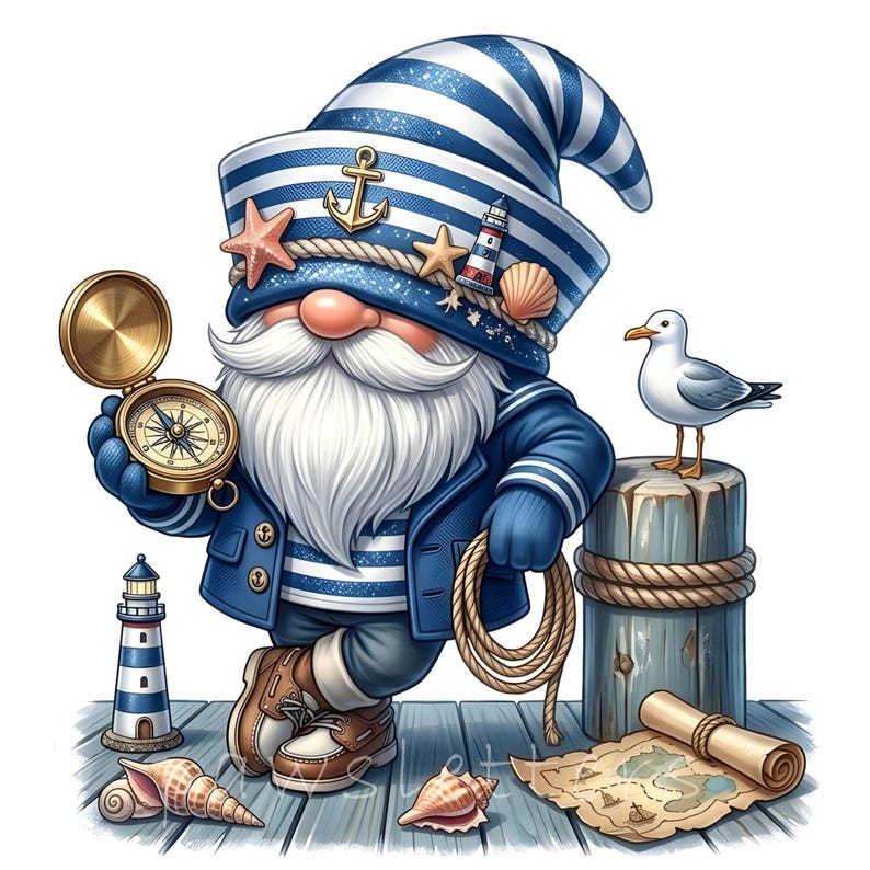 Nautical Gnome Clipart - Coastal Decor, 17 JPG Trendy Sailor Gnomes ...