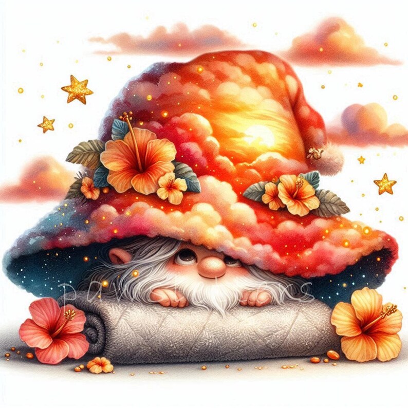 Tropical Sunset Gnome Clipart, 10 High Quality Jpgs, Watercolor Summer ...