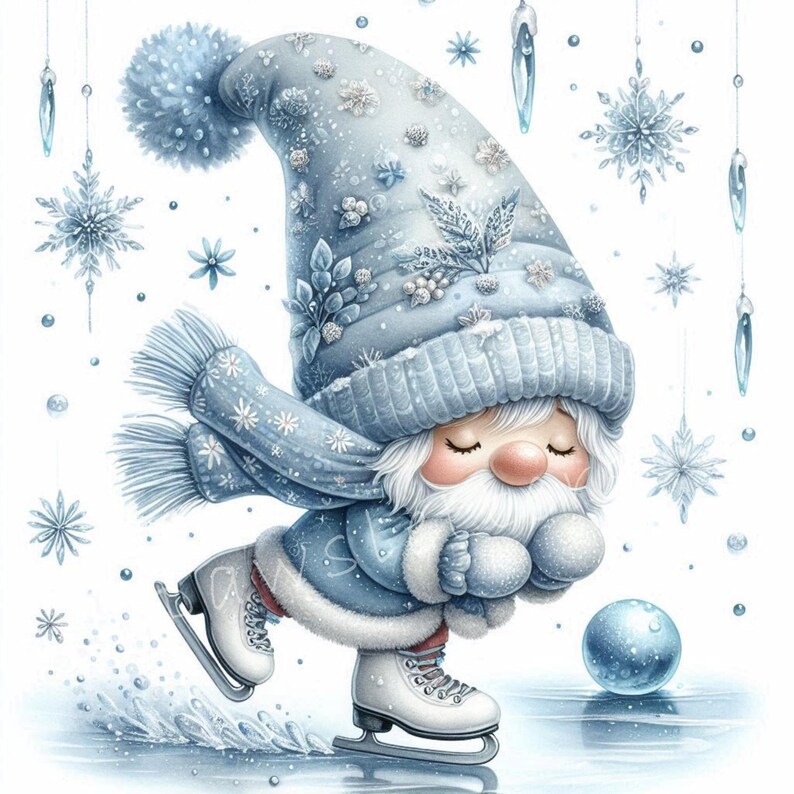Ice Skating Gnome Clip Art 10 High Res Watercolor Jpgs for Junk Journal ...