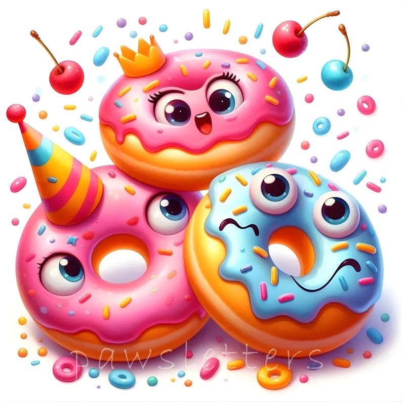 10 JPG Watercolor Donuts Clipart, Sweet Treat Clipart, Kawaii Donut ...