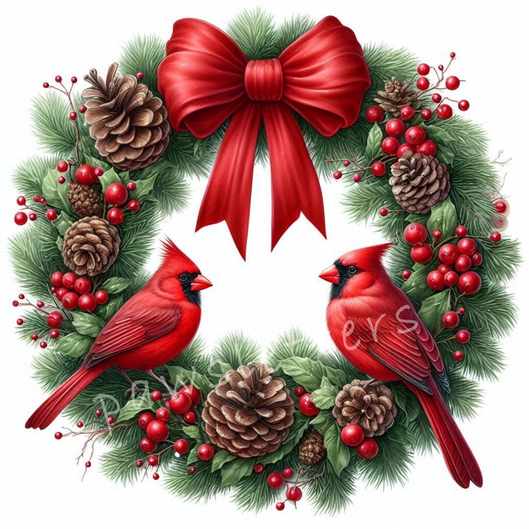 Christmas Wreath With Cardinals Clipart 10 High Res Watercolor Jpgs ...