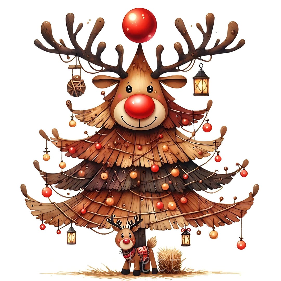 Whimsical Reindeer Christmas Tree Clipart, 10 High Res Watercolor Jpgs ...