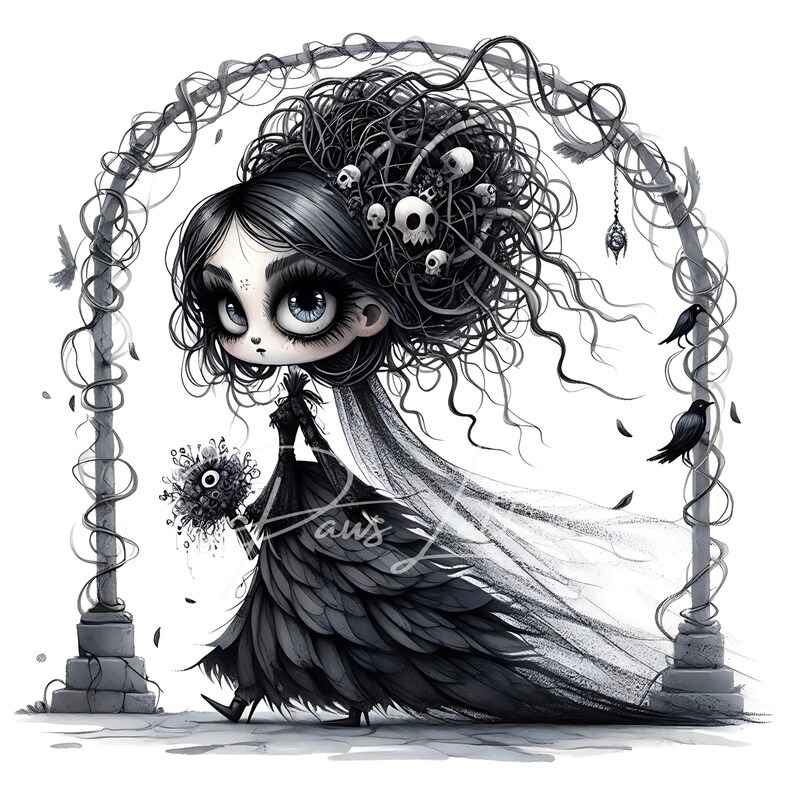 Haunted Bride Doll Clipart | Gothic Wedding & Raven Jpgs | Spooky Thorn ...