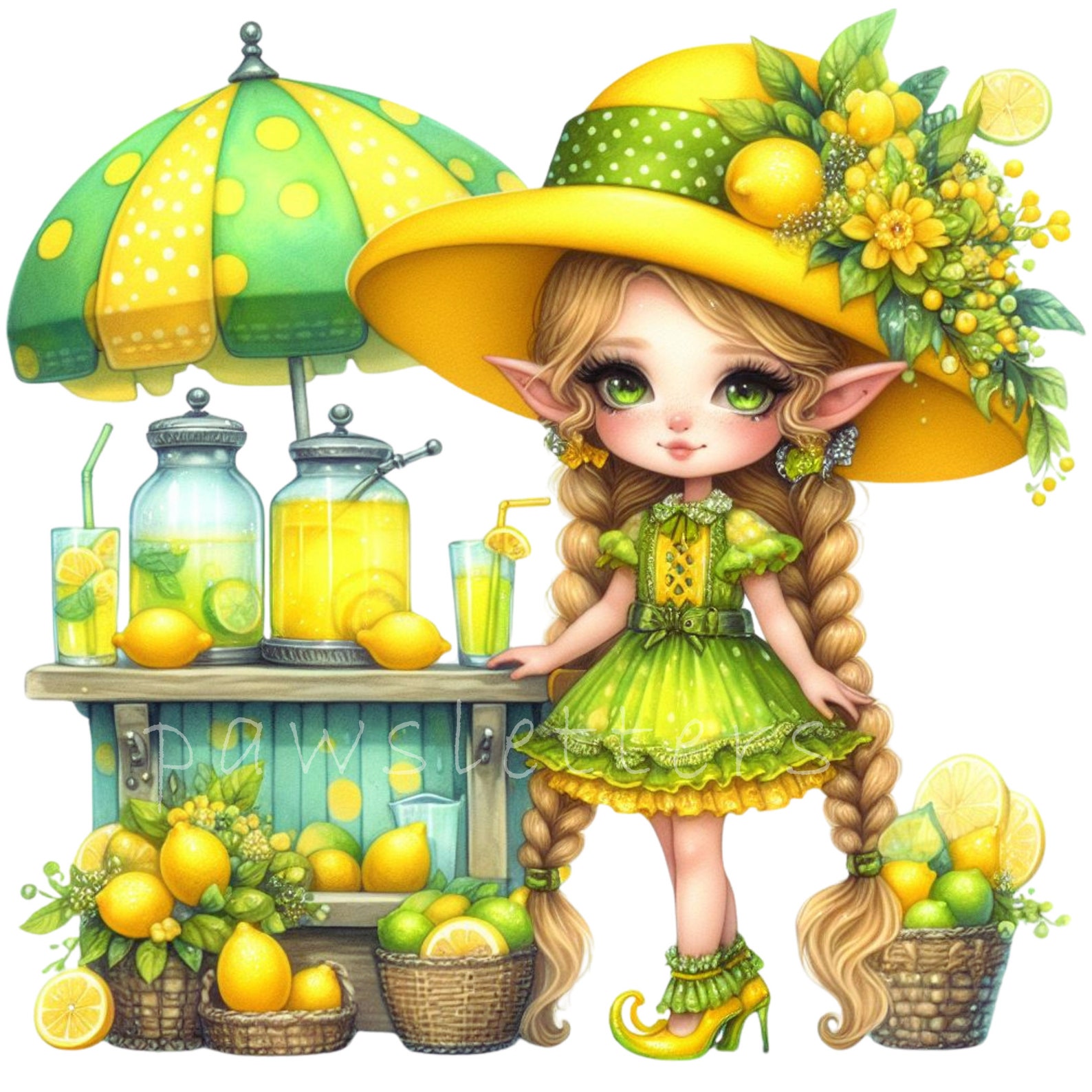 Summer Elves Bundle Clipart, Girl Clipart, 12 PNG Lemon Elf Watercolor ...