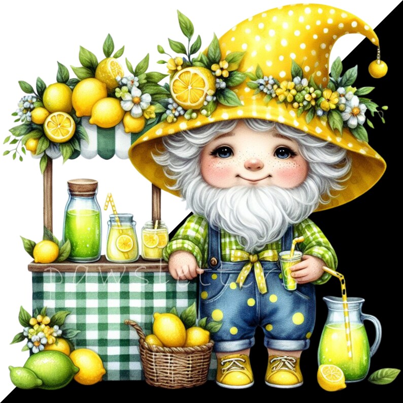 Summer Gnome Bundle Clipart, 13 PNG Gnomes and Lemon Stand Watercolor ...