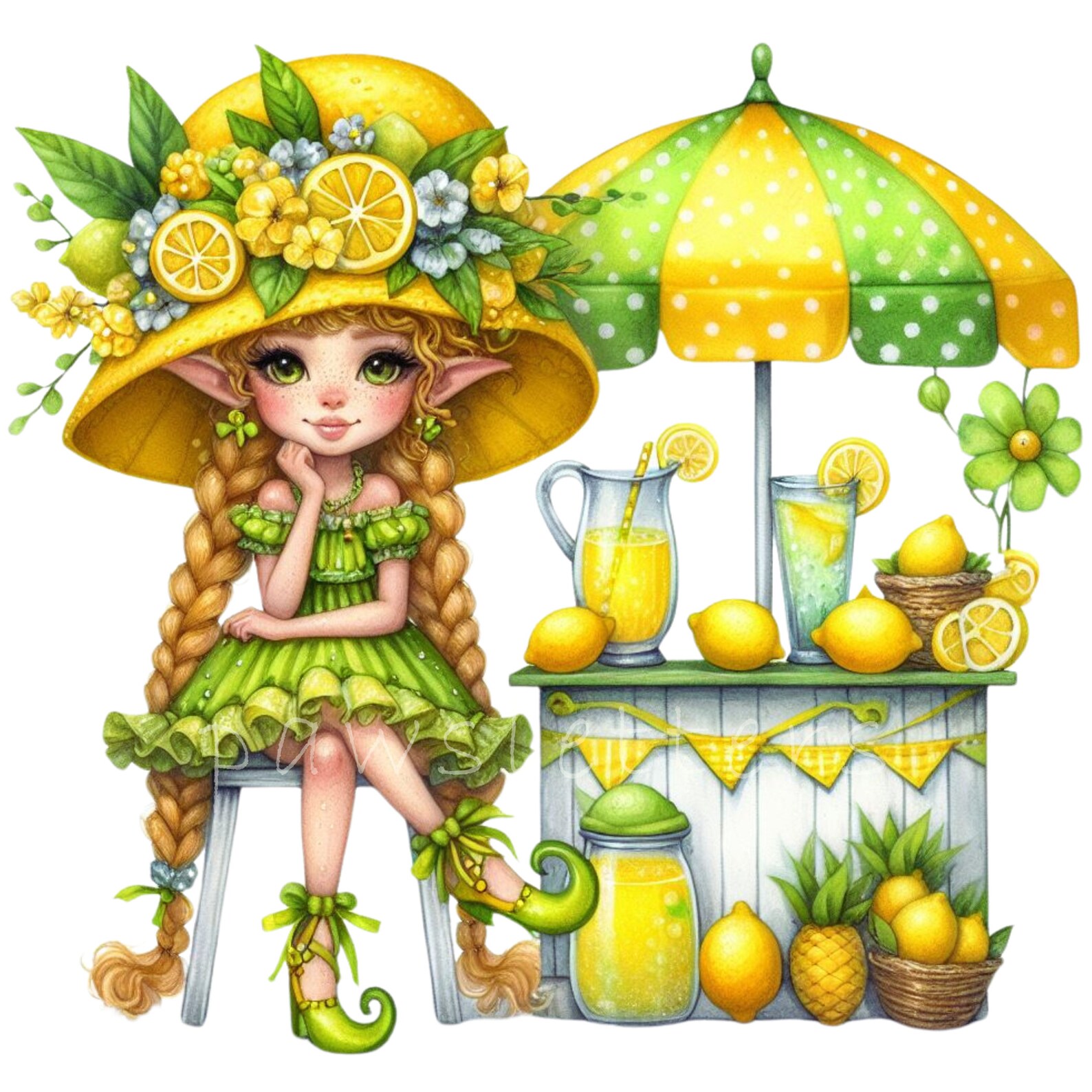 Summer Elves Bundle Clipart, Girl Clipart, 12 PNG Lemon Elf Watercolor ...