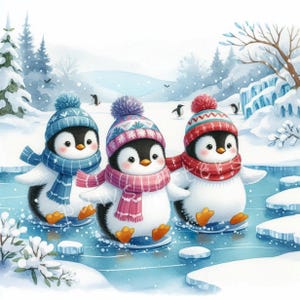 Ice Skating Penguins Clipart 10 High Res Watercolor Jpgs Holiday ...