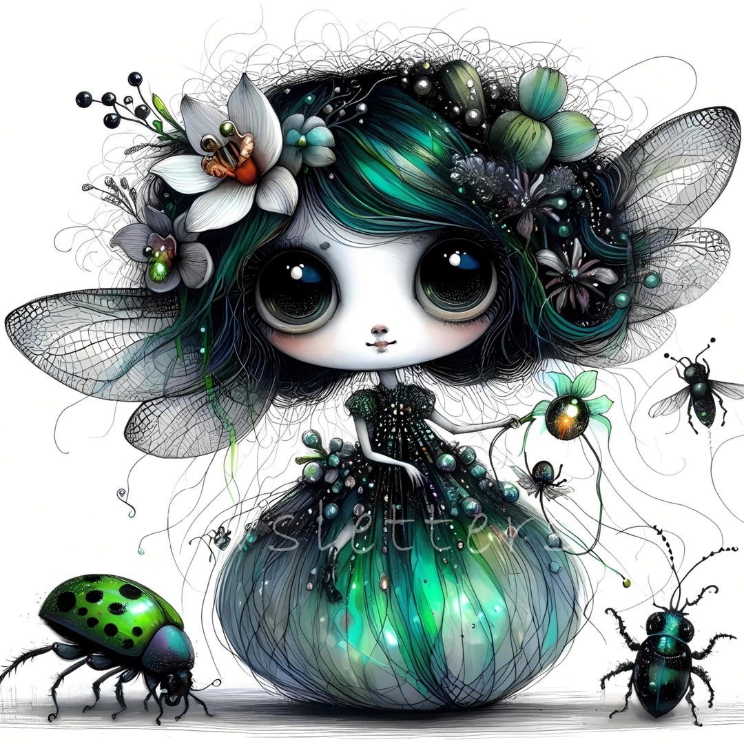 Quirky Girl With Beetle Clipart, Commercial Use, Whimsical Ephemera ...