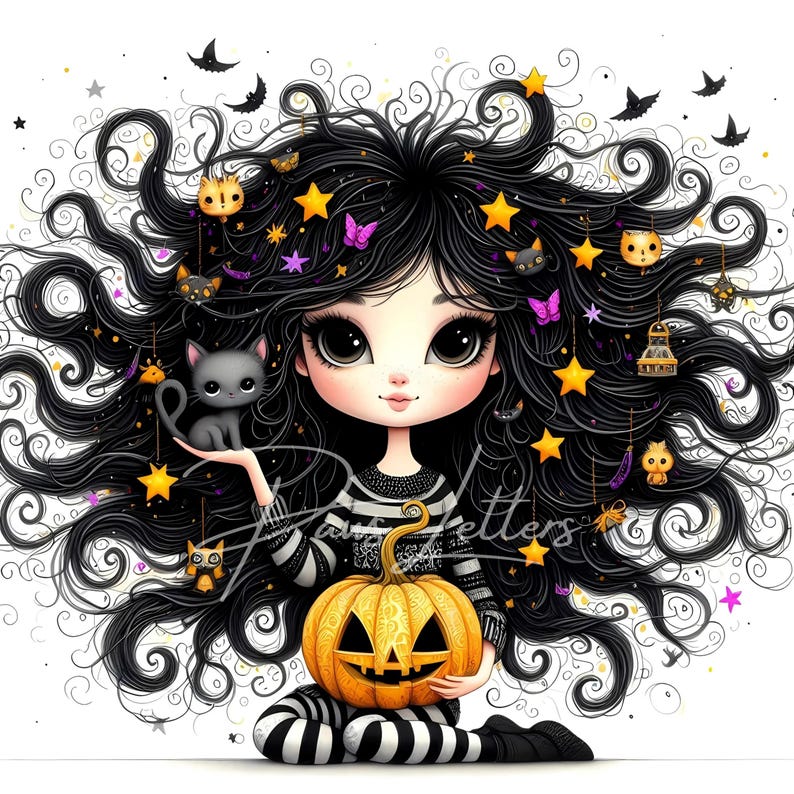 Midnight Cat Enchantress Clipart | Spooky Black Cat & Witch Jpgs ...