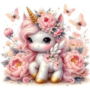 Peony Princess Unicorn Clipart Bundle 10 High Res Jpgs, Watercolor ...