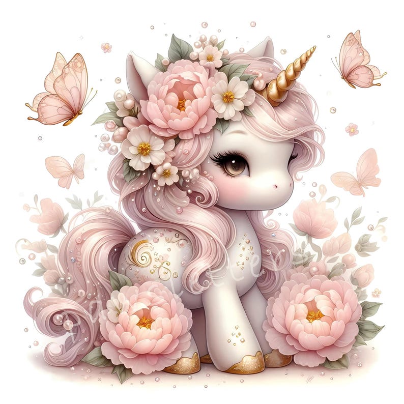 Peony Princess Unicorn Clipart Bundle 10 High Res Jpgs, Watercolor ...