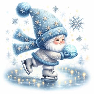 Ice Skating Gnome Clip Art 10 High Res Watercolor Jpgs for Junk Journal ...