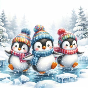 Ice Skating Penguins Clipart 10 High Res Watercolor Jpgs Holiday ...