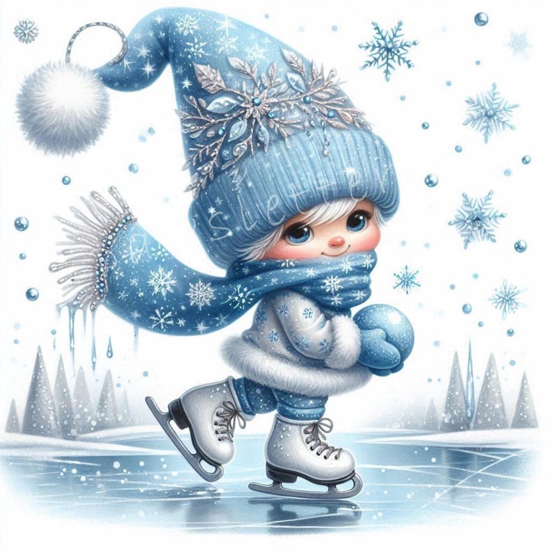 Ice Skating Gnome Clip Art 10 High Res Watercolor Jpgs for Junk Journal ...