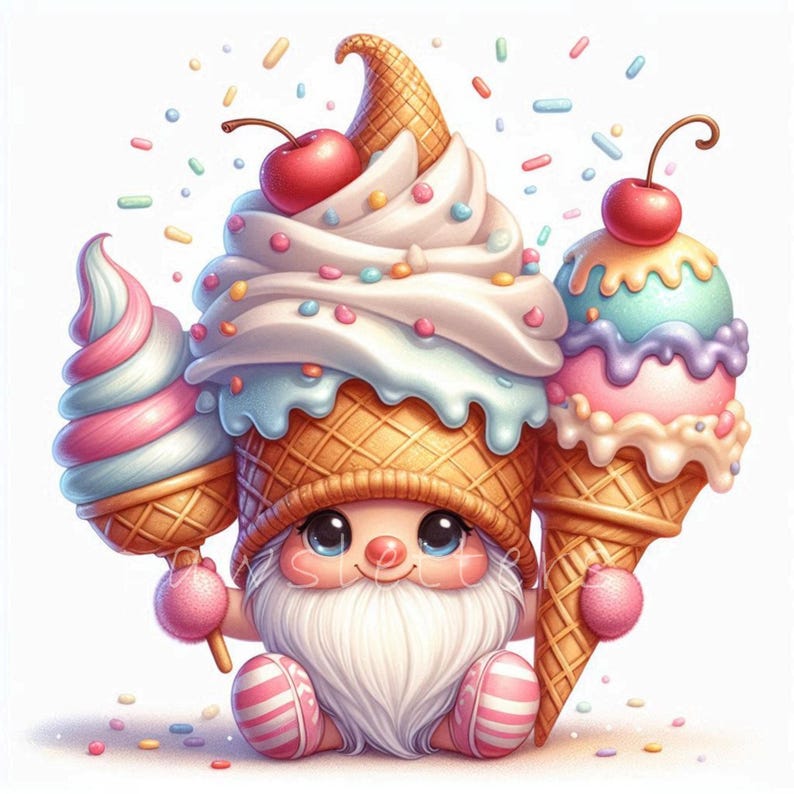 Ice Cream Gnome Clipart, 10 High Quality Jpgs, Watercolor Summer Gnome ...