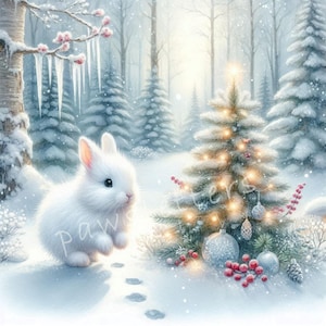 Snowy Rabbit and Christmas Tree Clipart 10 High Res Watercolor Jpgs ...