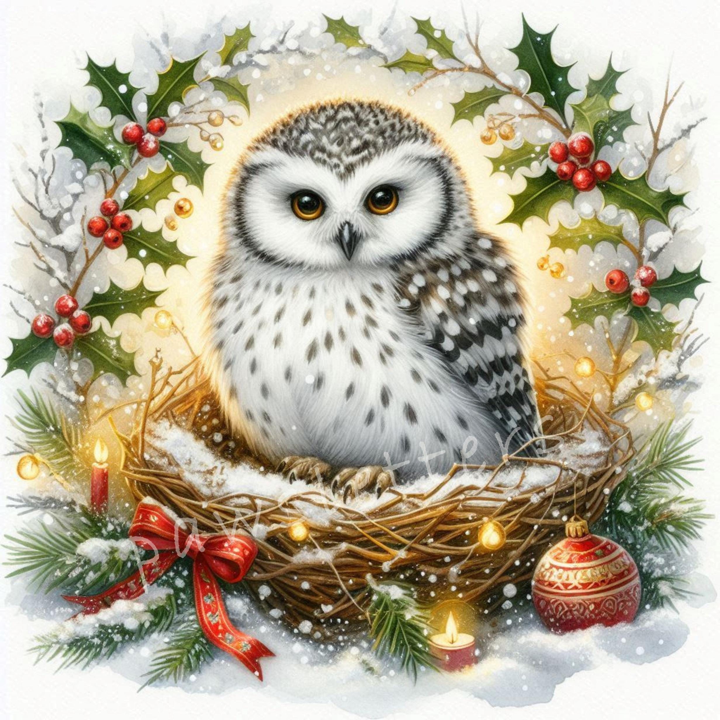 Holiday Owl Nest Clipart 10 High Res Watercolor Jpgs Christmas Animals ...
