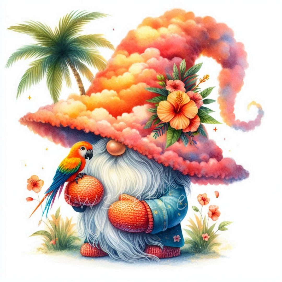 Tropical Sunset Gnome Clipart, 10 High Quality Jpgs, Watercolor Summer ...