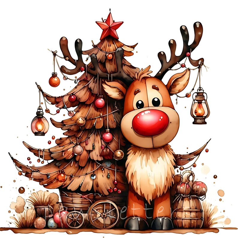 Whimsical Reindeer Christmas Tree Clipart, 10 High Res Watercolor Jpgs ...