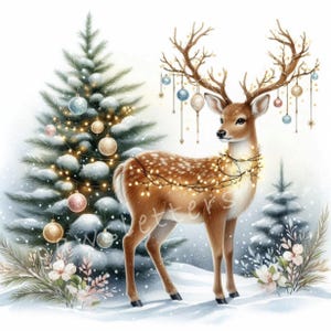 Woodland Christmas Deer Clipart 10 High Res Watercolor Jpgs Winter ...