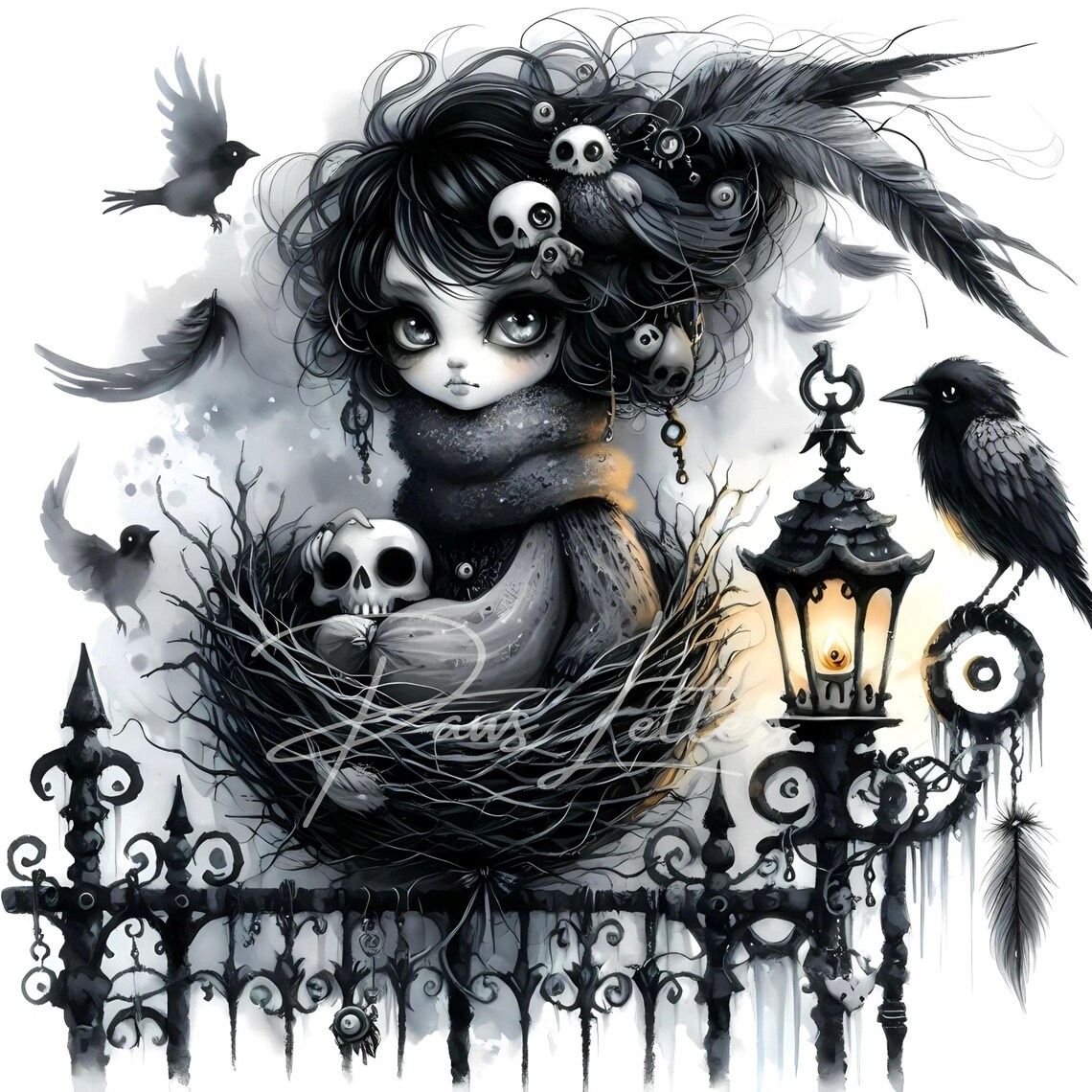 Haunted Raven Skull Doll Clipart | Gothic Creepy Cute Jpgs | Spooky ...