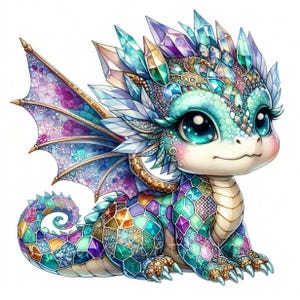 Crystal Crowned Patchwork Dragon Clipart | 10 High Quality 300 DPI Jpegs | Quilted Baby Dragons ...