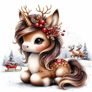 Christmas Reindeer Unicorn Clipart 10 High Res Watercolor Jpgs for Junk ...