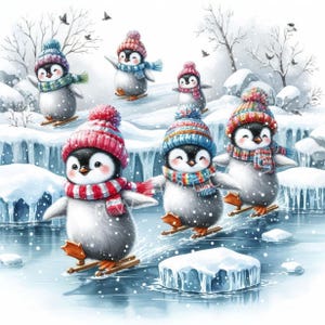 Ice Skating Penguins Clipart 10 High Res Watercolor Jpgs Holiday ...