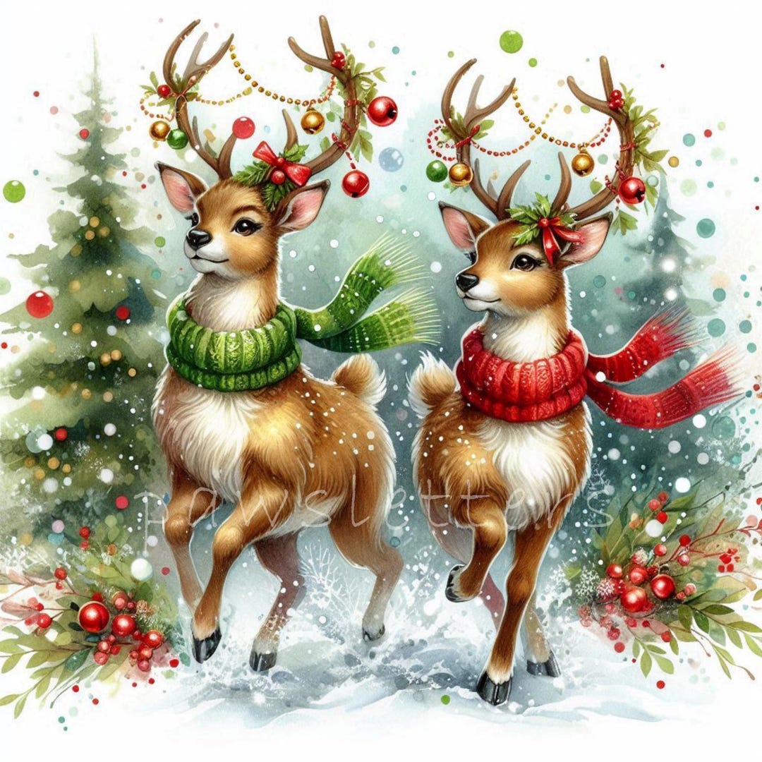 Snowy Reindeer Watercolor Clip Art, Winter Holiday Jpgs (digital ...