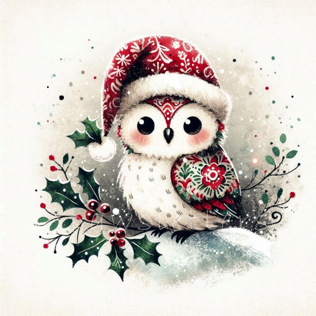 Merry Owl in a Santa Hat Clipart | Set of 10 | High Quality 300 DPI ...