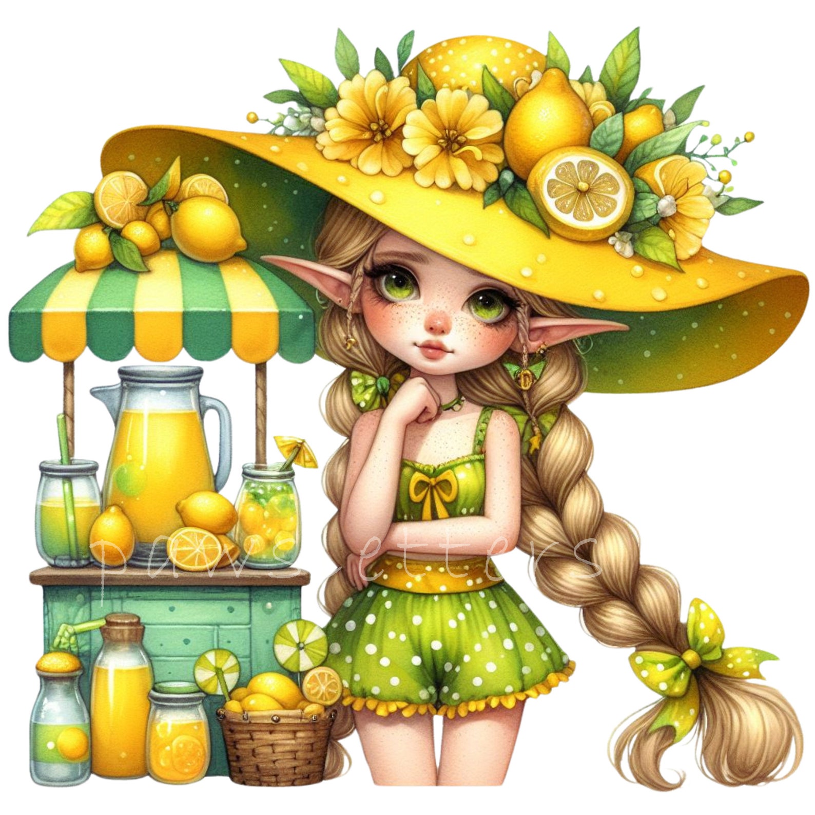 Summer Elves Bundle Clipart, Girl Clipart, 12 PNG Lemon Elf Watercolor ...