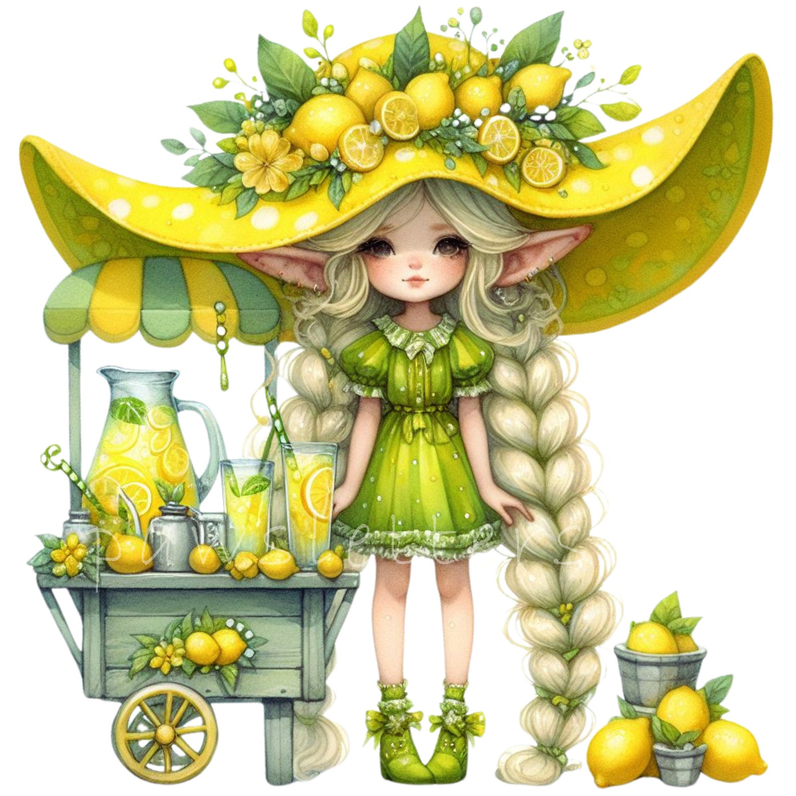 Summer Elves Bundle Clipart, Girl Clipart, 12 PNG Lemon Elf Watercolor ...