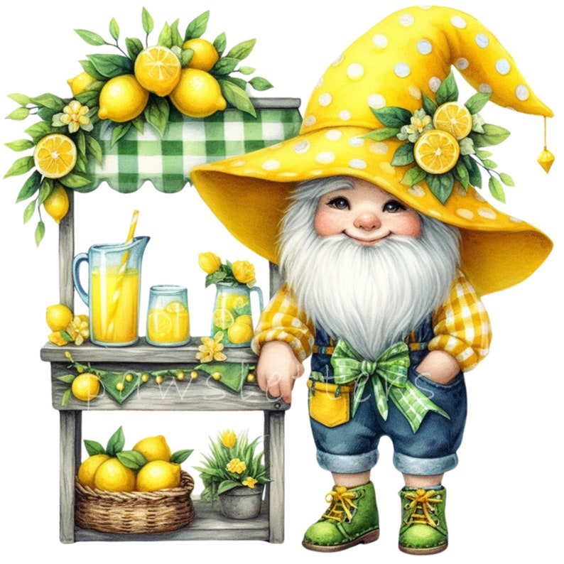 Summer Gnome Bundle Clipart, 13 PNG Gnomes and Lemon Stand Watercolor ...
