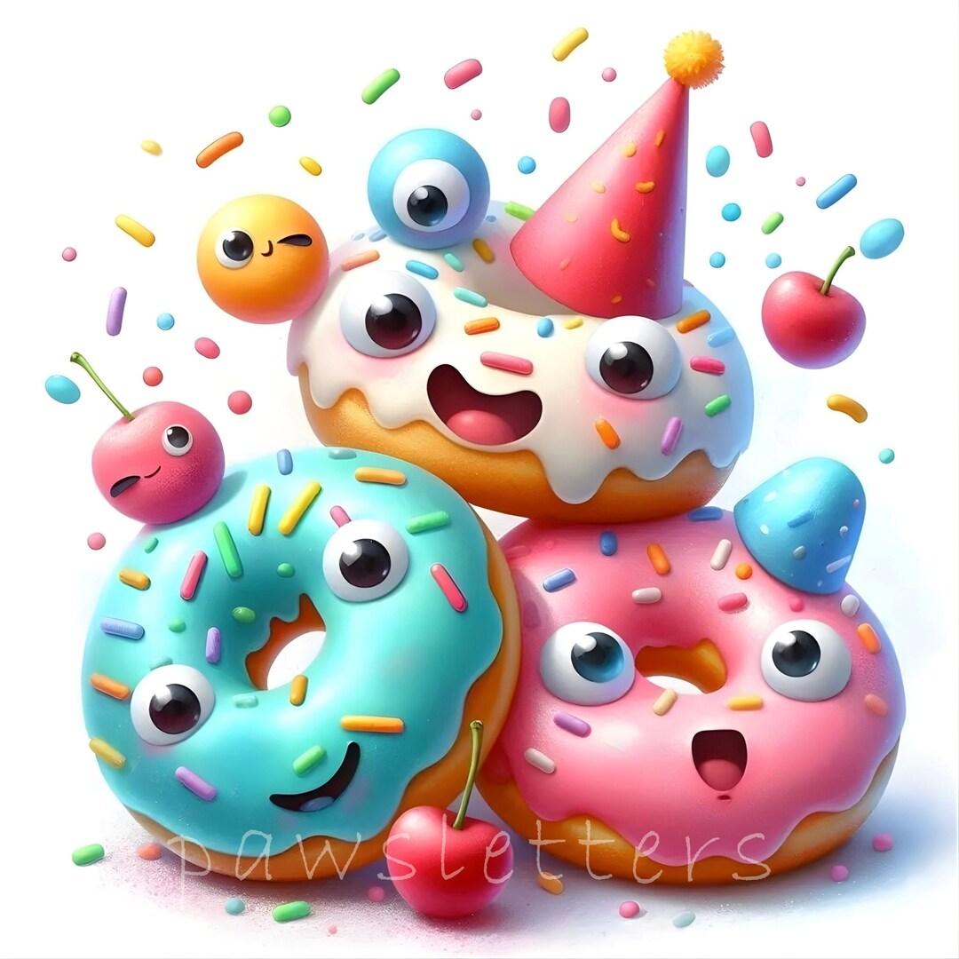 10 JPG Watercolor Donuts Clipart, Sweet Treat Clipart, Kawaii Donut ...