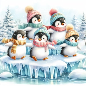 Ice Skating Penguins Clipart 10 High Res Watercolor Jpgs Holiday ...
