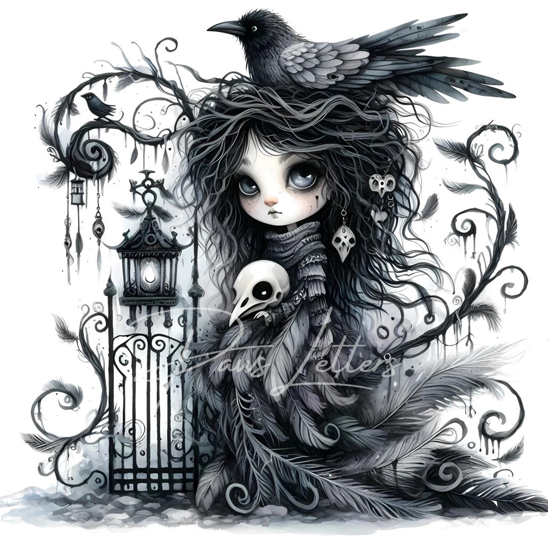 Haunted Raven Skull Doll Clipart | High Quality Gothic Creepy Cute Jpgs ...