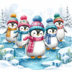 Ice Skating Penguins Clipart 10 High Res Watercolor Jpgs for Junk ...