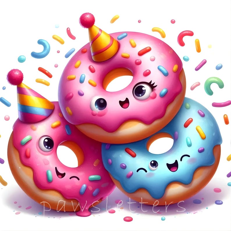 10 JPG Watercolor Donuts Clipart, Sweet Treat Clipart, Kawaii Donut ...