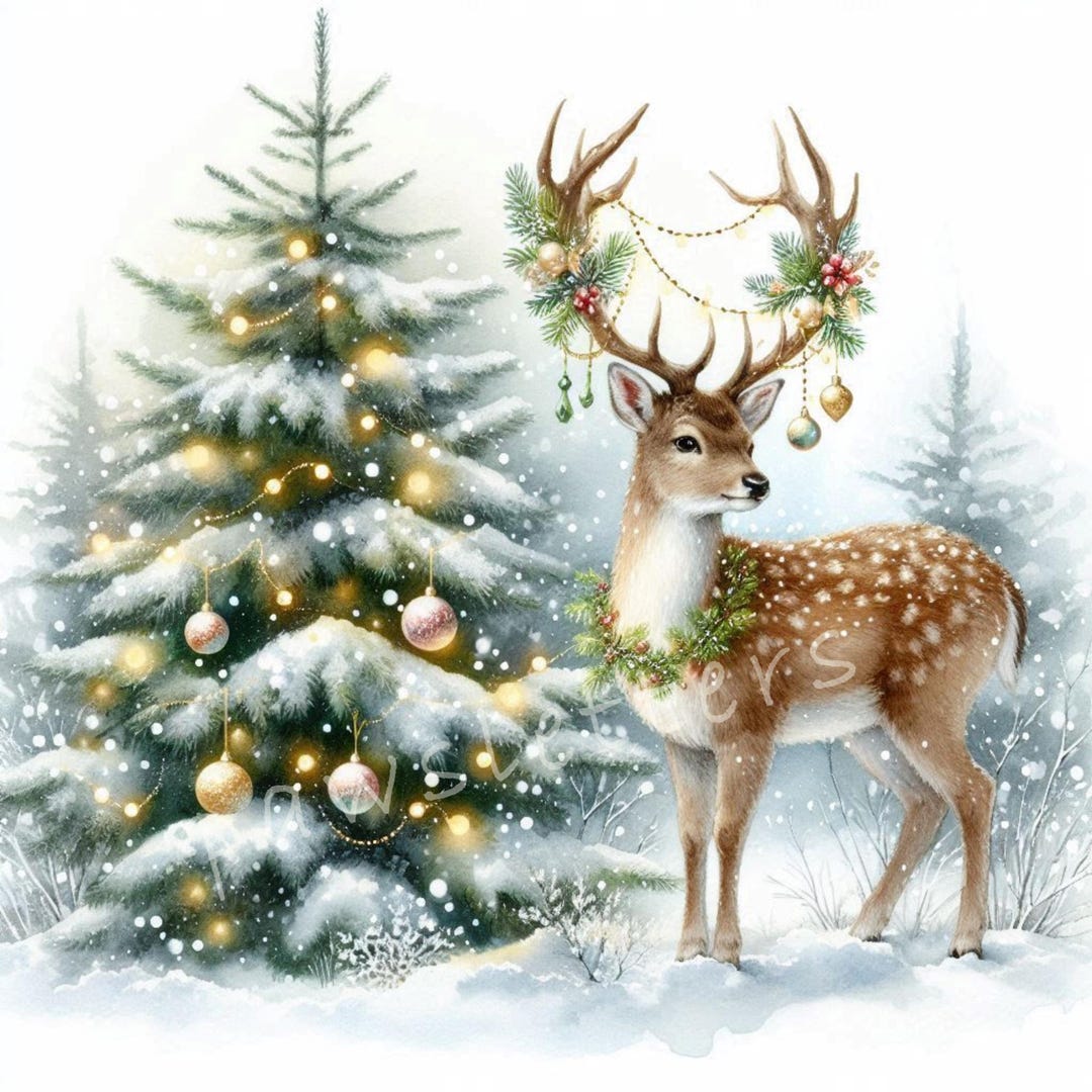 Woodland Christmas Deer Clipart 10 High Res Watercolor Jpgs Winter ...