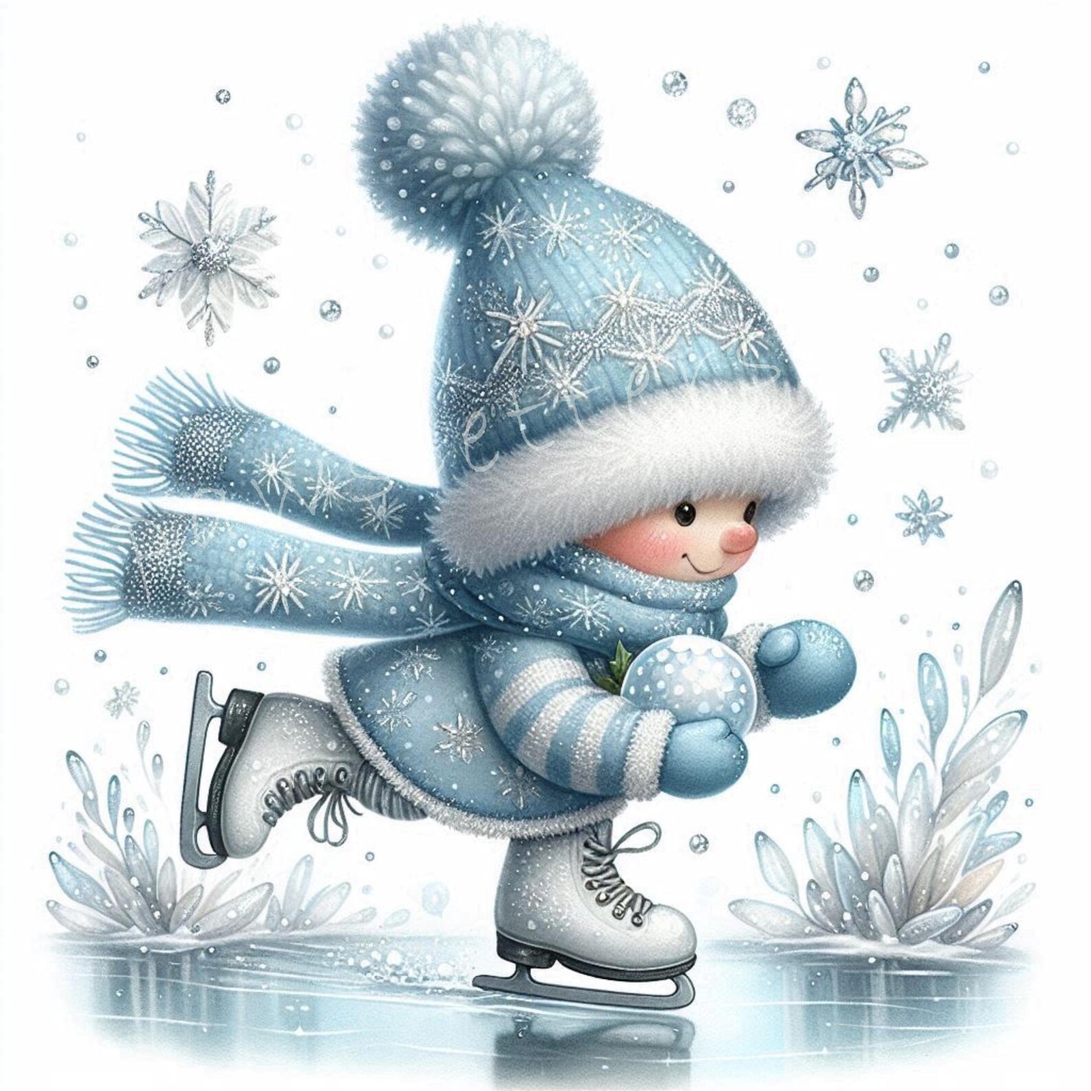 Ice Skating Gnome Clip Art 10 High Res Watercolor Jpgs for Junk Journal ...