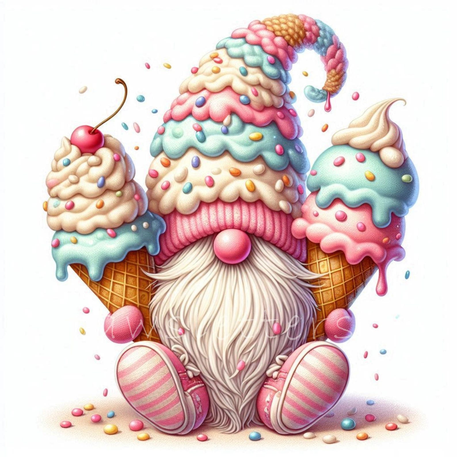 Ice Cream Gnome Clipart, 10 High Quality Jpgs, Watercolor Summer Gnome ...