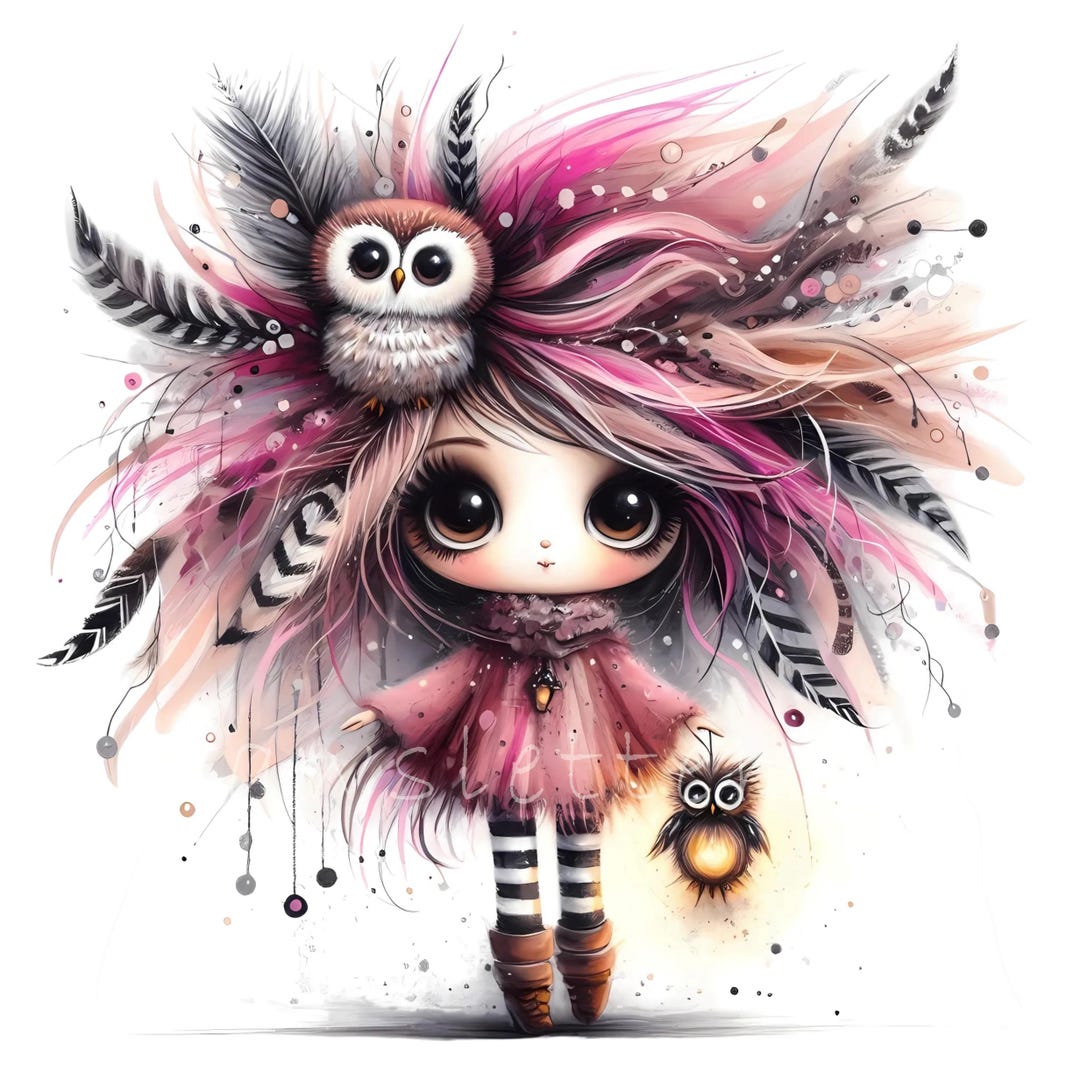 Pink Owl Keeper Clipart, 10 High Quality 300 DPI Jpgs, Quirky Girl ...