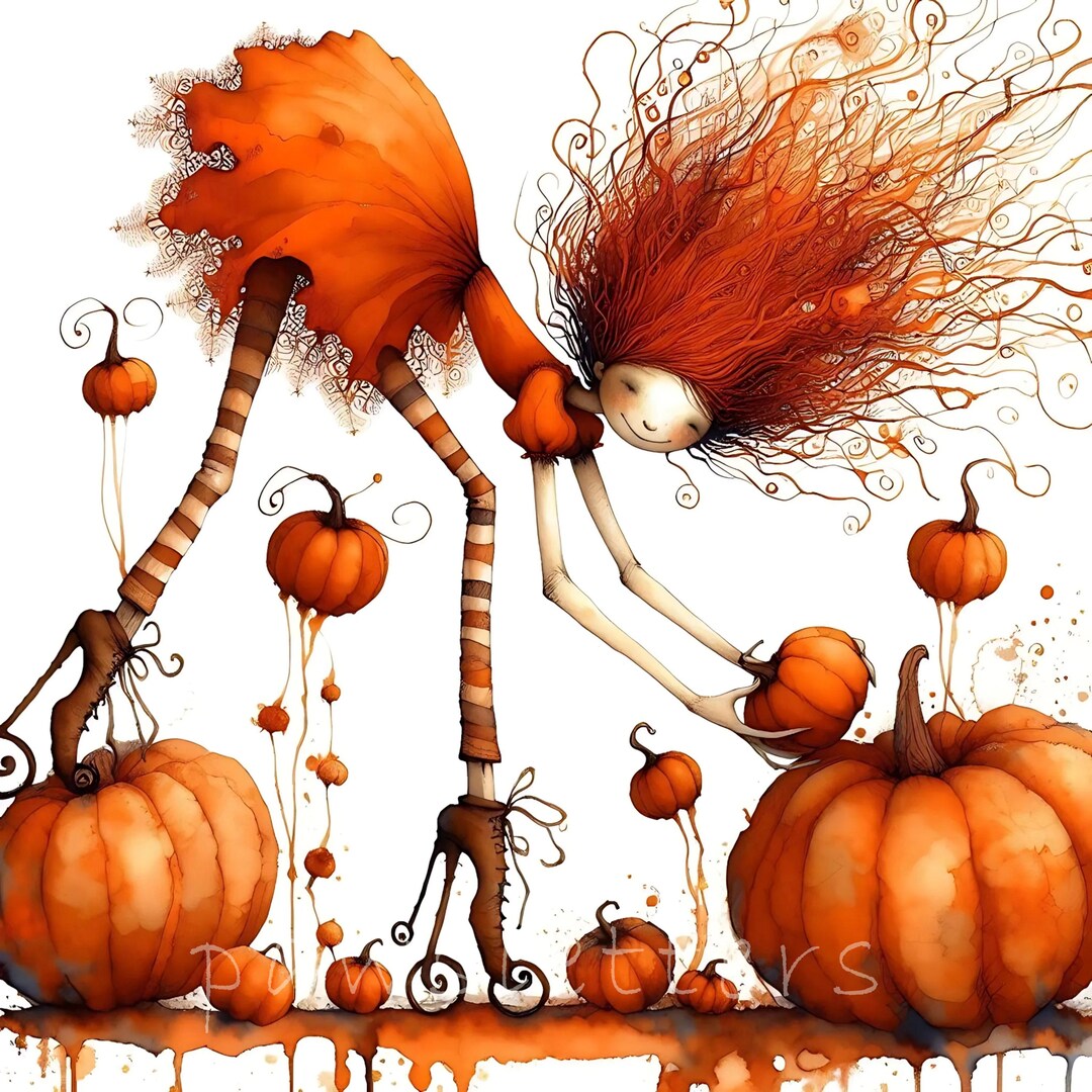Pumpkin Harvester Clipart | 10 Whimsical Fall Girls JPG | Autumn Stilt ...