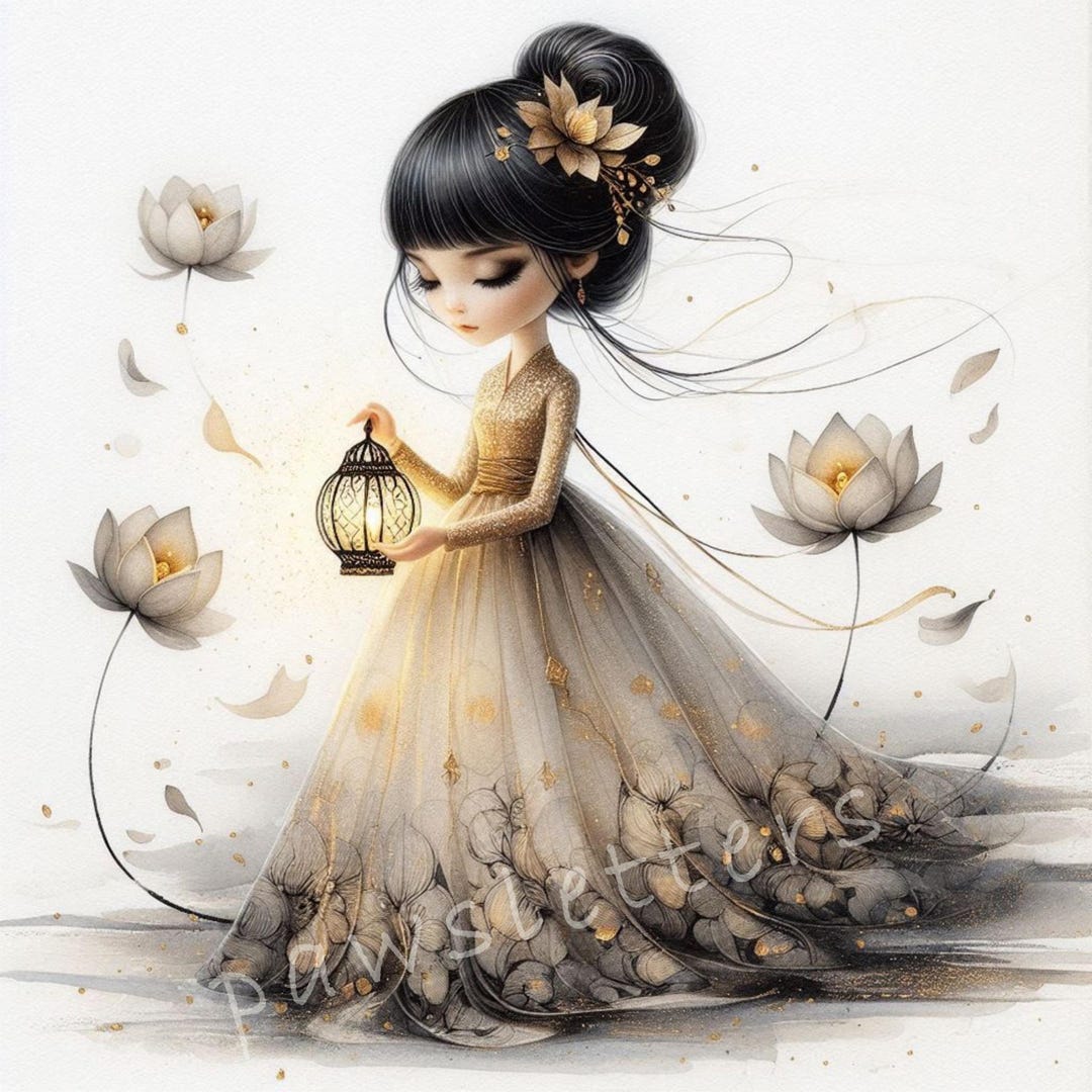 Quirky Girl With Lotus Clipart, Commercial Use, Whimsical Ephemera ...