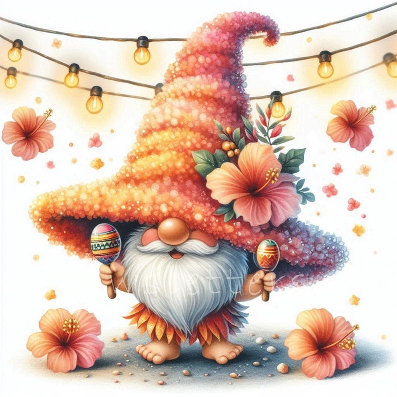 Tropical Sunset Gnome Clipart, 10 High Quality Jpgs, Watercolor Summer ...