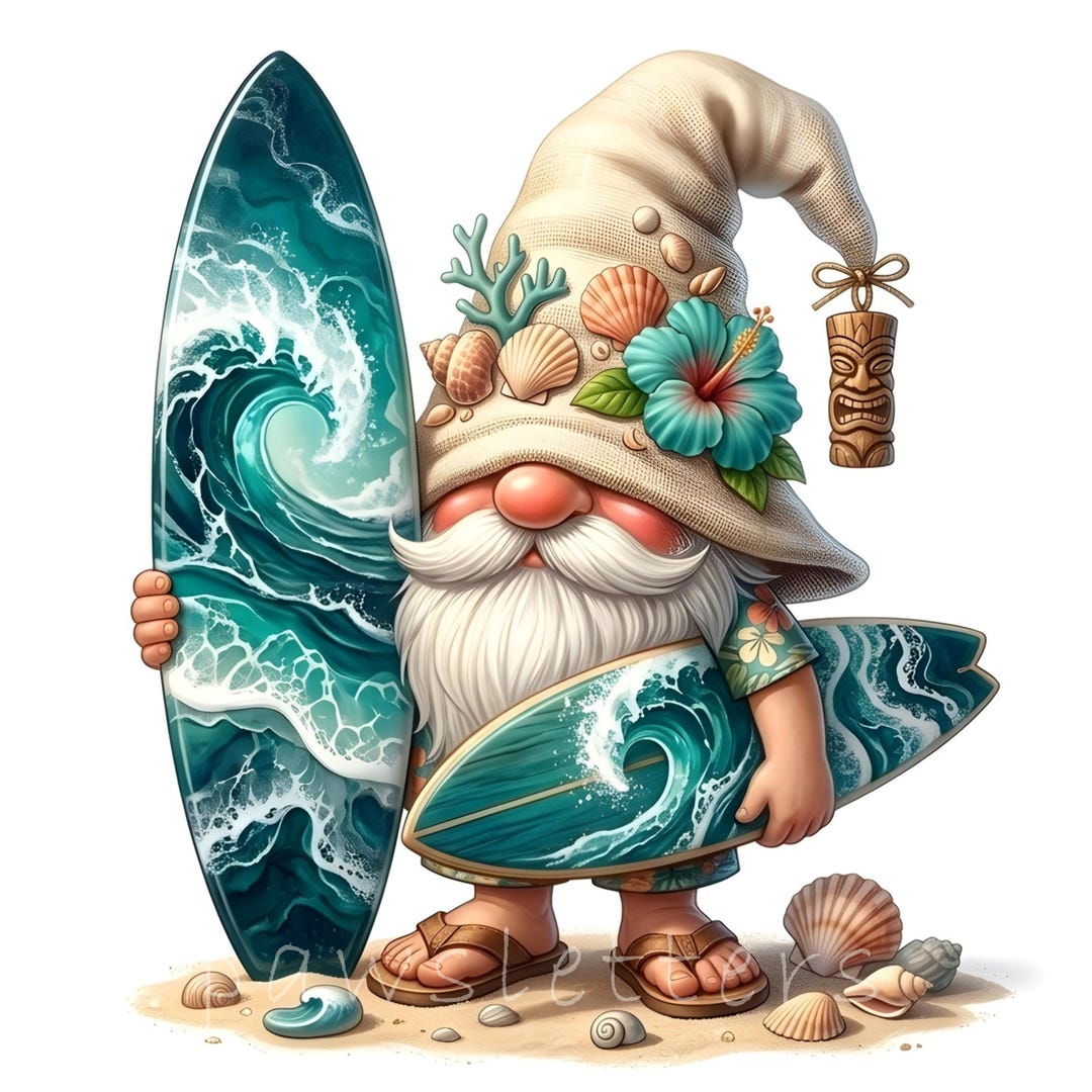 Watercolor Surfing Gnome Clipart - 15 JPG Ocean Wave Surfboard Gnome ...